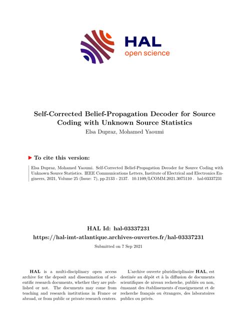Pdf Self Corrected Belief Propagation Decoder For Source Coding With Unknown Source Statistics