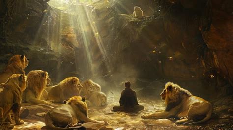 Daniel In The Lions Den With Daniel Calmly Praying And The Lions