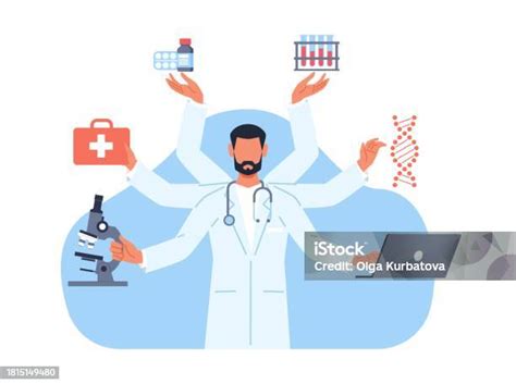 멀티태스킹 의사 손이 많은 남자 의사가 의료 도구와 장비를 들고 있습니다 현미경 노트북과 알약 청진기 의료 관행 만화 평면 고립 된 벡터 개념 만화에 대한 스톡 벡터 아트