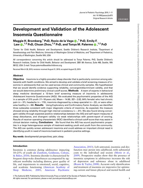 Pdf Development And Validation Of The Adolescent Insomnia Questionnaire