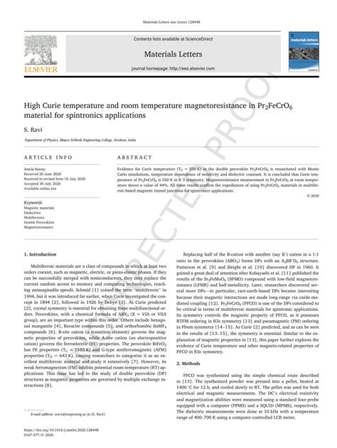 Pdf High Curie Temperature And Room Temperature Magnetoresistance In Pr2fecro6 Material For