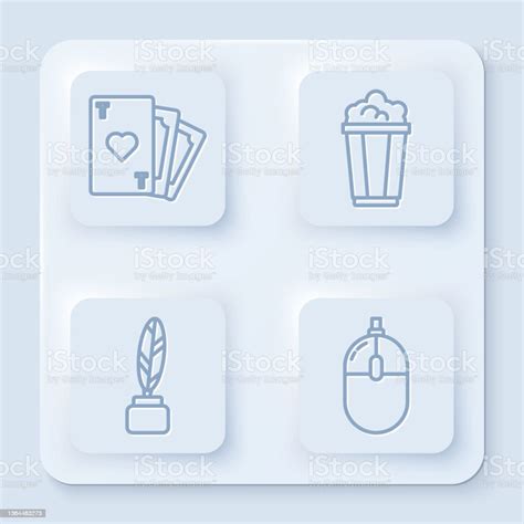 하트 기호 골판지 상자에 팝콘 깃털과 잉크웰과 컴퓨터 마우스와 라인 재생 카드를 설정합니다 흰색 정사각형 버튼 벡터 깃털펜에 대한 스톡 벡터 아트 및 기타 이미지 Istock