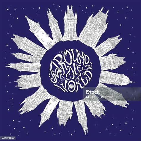 전 세계에서 장식 벡터 라운드 테두리 다크 인디 고 블루 바탕에 검은색과 흰색 낙서 판타지 도시 풍경입니다 동화 오래 된 중세