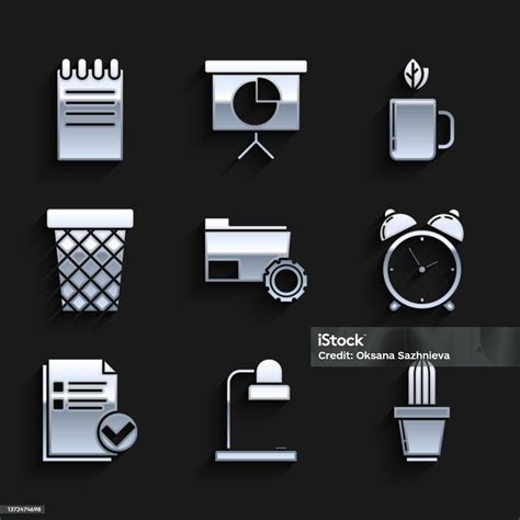 기어 테이블 램프 선인장 및 다육 식물 냄비 알람 시계 문서 확인 표시 휴지통 캔 차 잎 과 노트북 아이콘폴더 설정을 설정합니다 벡터 0명에 대한 스톡 벡터 아트 및 기타