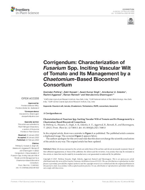 Pdf Corrigendum Characterization Of Fusarium Spp Inciting Vascular Wilt Of Tomato And Its