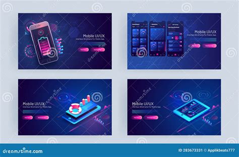Mobile Ui Ux Concept Based Landing Page Set With Smartphone And Infographic Elements On Blue