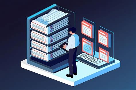 Flat 3d Isometric Businessman Manage Folders And Files On Laptop Screen Administration And