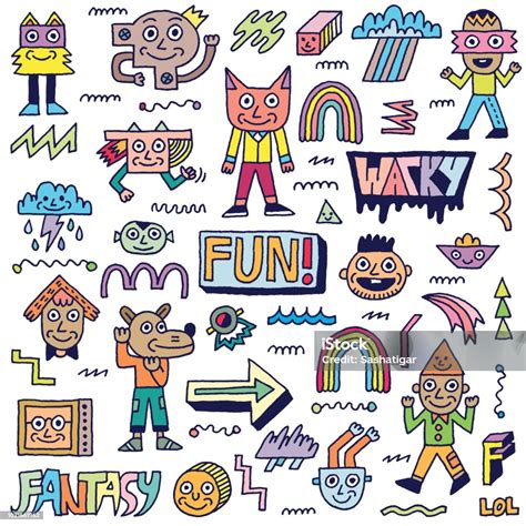 추상 판타지 엉뚱한 재미 있는 낙서 만화 캐릭터 설정 2 색상 경외감에 대한 스톡 벡터 아트 및 기타 이미지 경외감 고양이