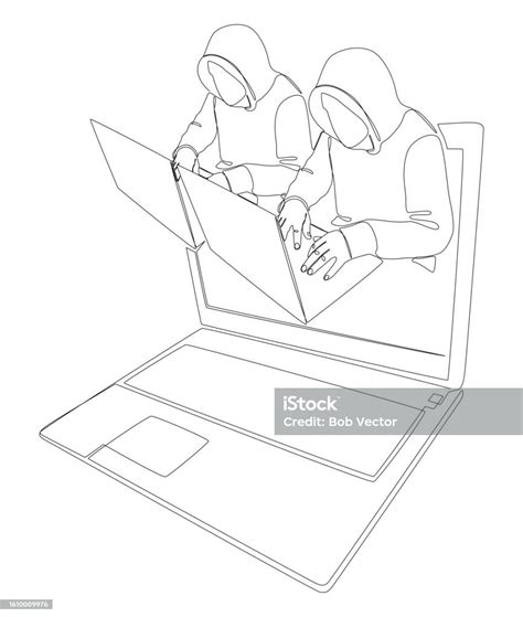 One Continuous Line Of Laptop With Hacker Thin Line Illustration Vector