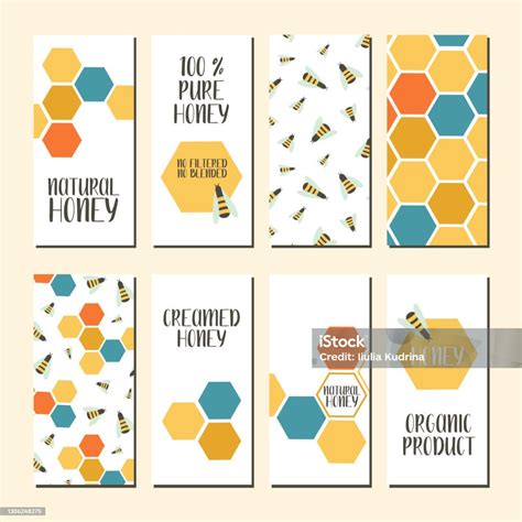 꿀벌 벌집을 곁들인 꿀 세트의 전단지 플랫 벡터 그림입니다 로고 명함 카페 메뉴 브랜딩 식품 전단지 아이콘 패키징 디자인에 적합 개체 그룹에 대한 스톡 벡터 아트 및 기타