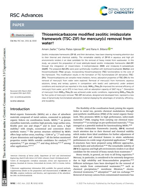 Pdf Thiosemicarbazone Modified Zeolitic Imidazolate Framework Tsc Zif For Mercury Ii