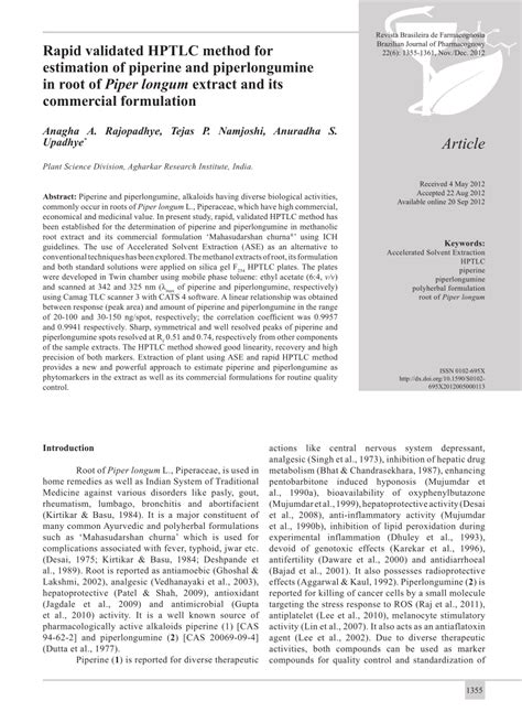 Pdf Rapid Validated Hptlc Method For Estimation Of Piperine And Piperlongumine In Root Of