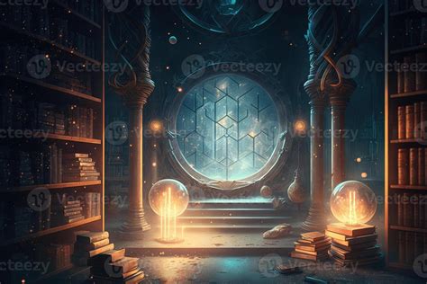 mystical library filled with ancient tomes and magical artifacts, with glowing runes etched into ...