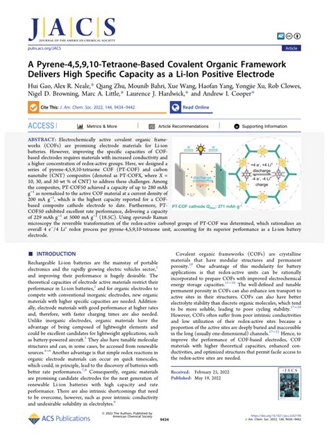 Pdf A Pyrene 45910 Tetraone Based Covalent Organic Framework Delivers High Specific