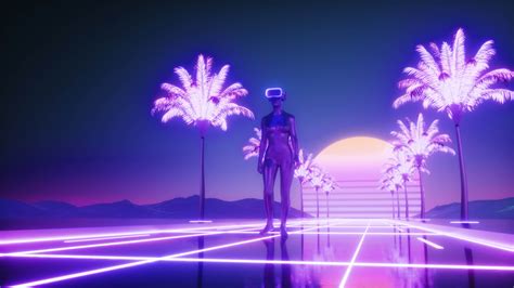Female Character Walking Between Neon Glowing Palm Trees Looped