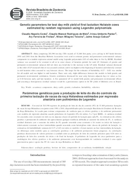 Pdf Genetic Parameters For Test Day Milk Yield Of First Lactation Holstein Cows Estimated By