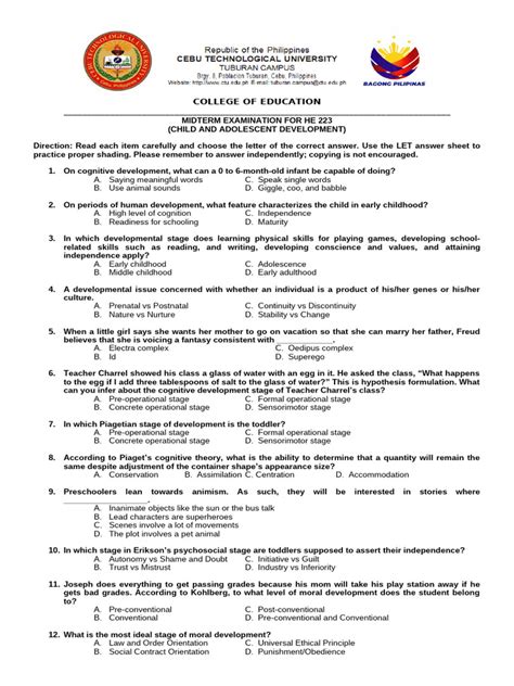 HE 223 MIDTERM EXAMINATION | PDF | Cognitive Development | Thought