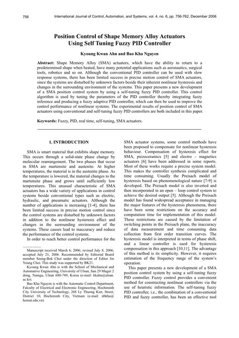 Pdf Position Control Of Shape Memory Alloy Actuators By Using Self Tuning Fuzzy Pid Controller