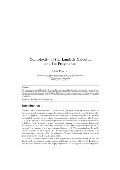 Pdf Complexity Of The Lambek Calculus And Its Fragments