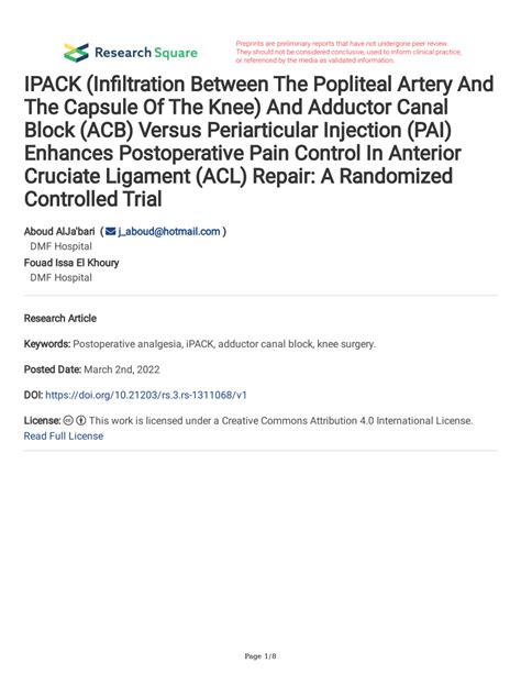 Pdf Ipack Infiltration Between The Popliteal Artery And The Capsule Of The Knee And Adductor