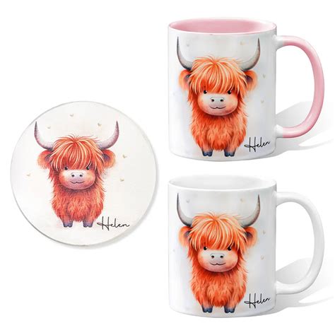 Custom Highland Cow Mug With Coaster 11oz Fluffy Cow Mug Birthday
