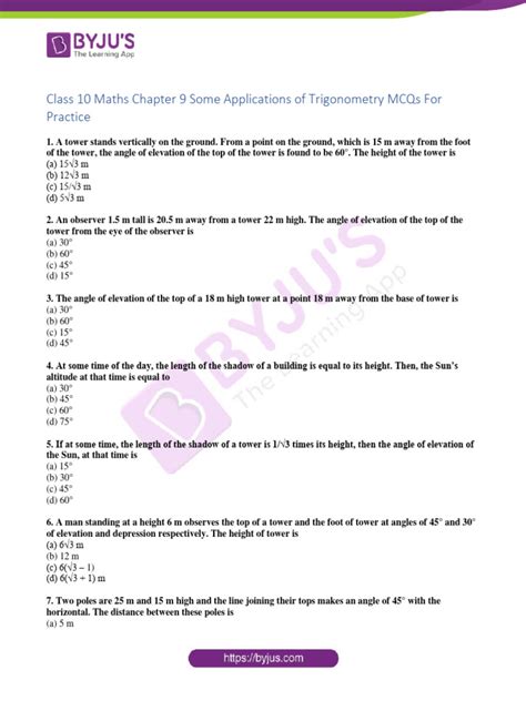 Class 10 Maths Chapter 9 Some Applications Of Trigonometry Mcqs For Practice Pdf