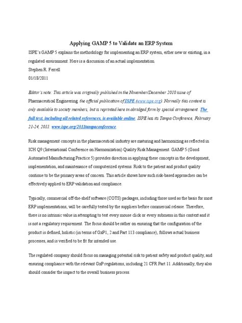 applying gamp 5 to validate an erp system pdf enterprise resource