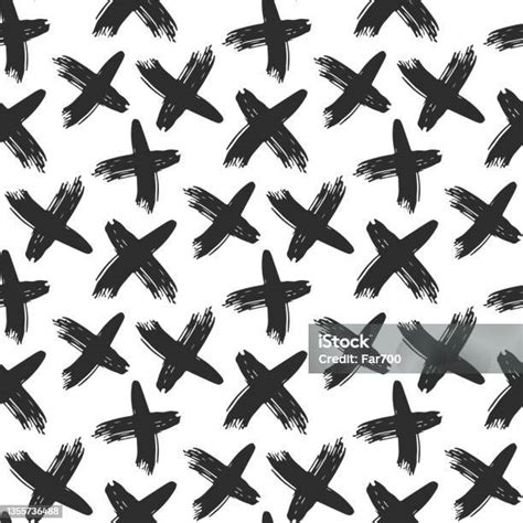 흰색 배경에서 격리된 검은색 잉크가 교차합니다 흑백 매끄러운 패턴 벡터 플랫 그래픽 손 그린 그림 텍스처 더하기 기호에 대한 스톡 벡터 아트 및 기타 이미지 Istock