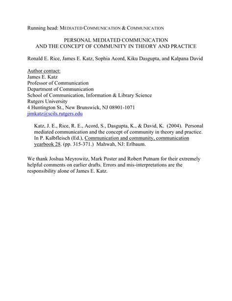 Pdf Personal Mediated Communication And The Concept Of Community In Theory And Practice