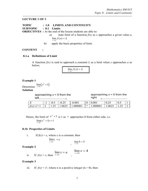 Limits And Continuity Lecture Notes