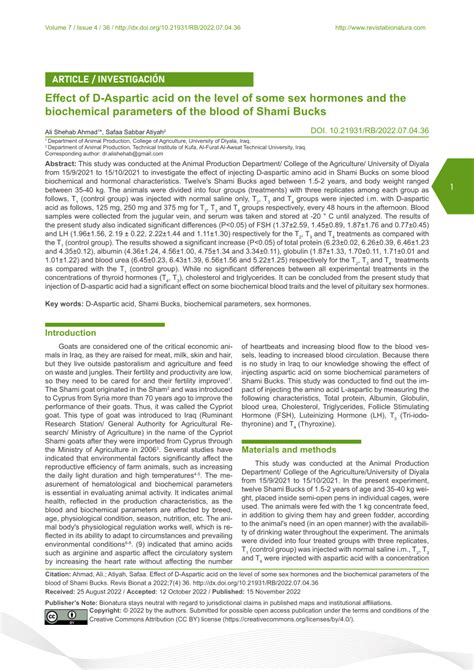 Pdf Effect Of D Aspartic Acid On The Level Of Some Sex Hormones And The Biochemical Parameters