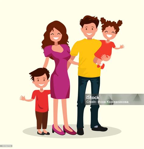 Vetores De Família Feliz Pai Mãe Filho E Filha Junto E Mais Imagens De