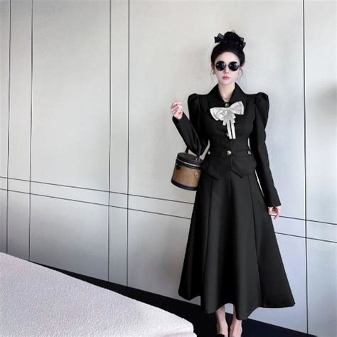 봄 정장 가을 정장 퍼프 소매 리본 슬림핏 허리 하이웨이스트 플레어 롱스커트 셋업 하객룩 오피스 정장룩