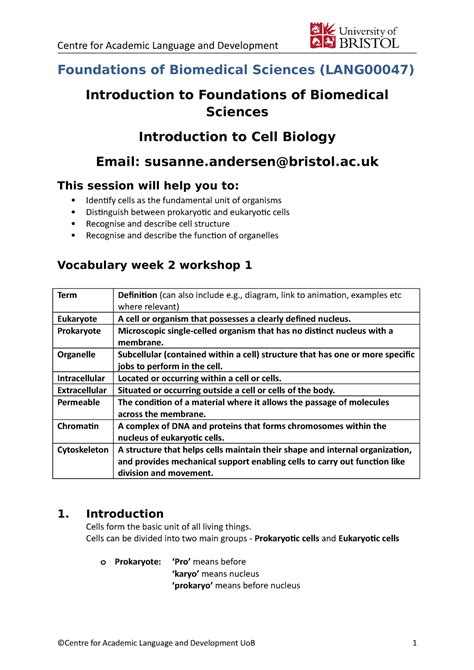 Week Workbook Introduction To Cell Biology Foundations Of Biomedical Sciences LANG