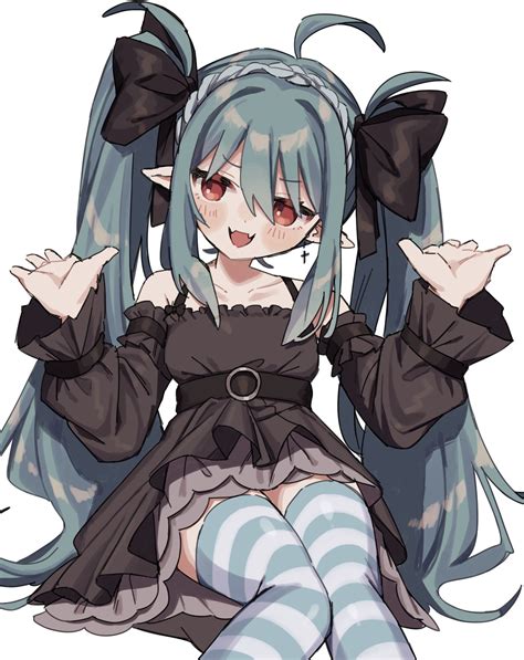 Saku Saku Original Highres Girl Ahoge Aqua Hair Aqua Thighhighs Black Bow Black
