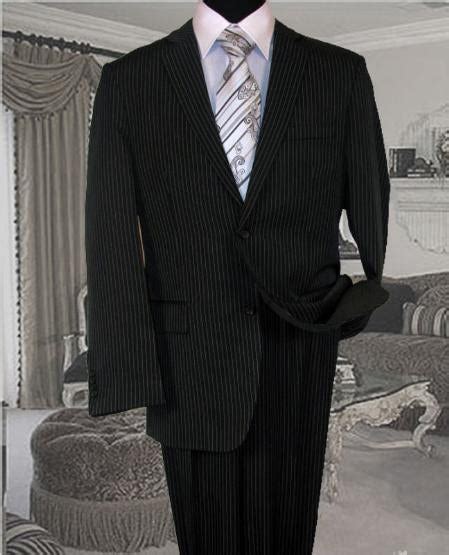 Black With White Pinstripe Conversative 2 Button Flat Front Mens Suit
