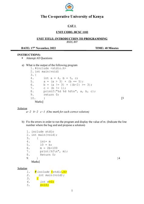 Bcse 1102 Introduction To Programming Cat G1 Marking Scheme The Co Operative University Of