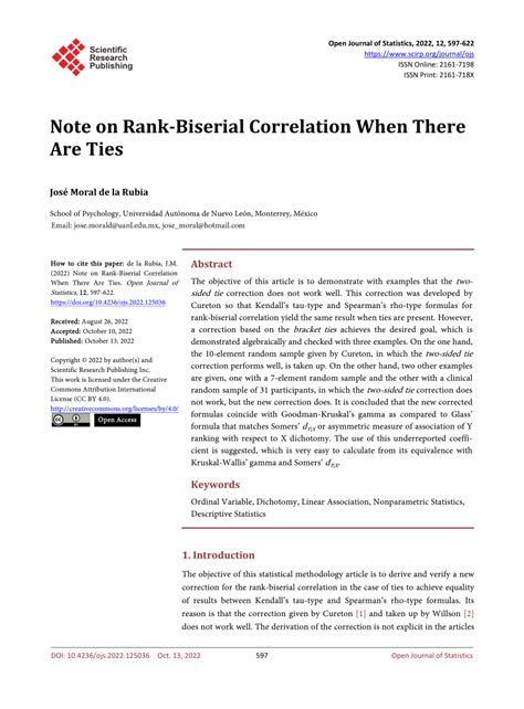 Pdf Note On Rank Biserial Correlation When There Are Ties