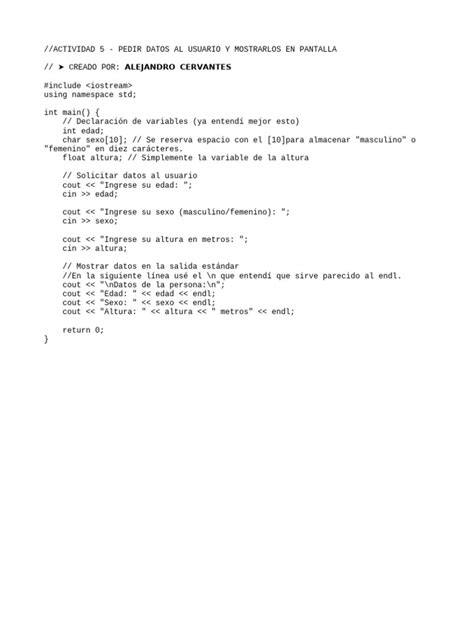 Programa 5 Pedir Datos Y Mostrarlos En Pantalla Pdf