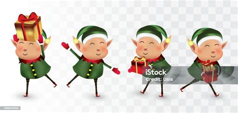 트랜스 파렌스 배경에 고립 된 크리스마스 엘프의 컬렉션입니다 작은 엘프 산타의 도우미 엘프와 선물 아이콘 집합입니다 아름다운 일러스트 0명에 대한 스톡 벡터 아트 및 기타