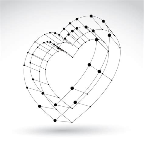 흰색 배경에 격리된 3d 메쉬 세련된 웹 단색 사랑 심장 기호 흑백 시체 사랑 심장 아이콘 차원 스케치 기술 심장학 기호
