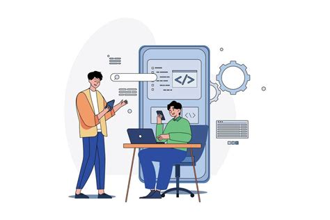 Product Team Programming Mobile App With Laptop 26357089 Vector Art At Vecteezy