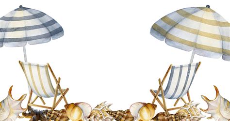 손으로 그린 수채화 구성 줄무늬 비치 파라솔 바다 조개 및 불가사리 국경 흰색 배경에 격리 디자인 벽 예술 결혼식 인쇄 직물 표지 카드 관광 여행 책자 0명에 대한 스톡