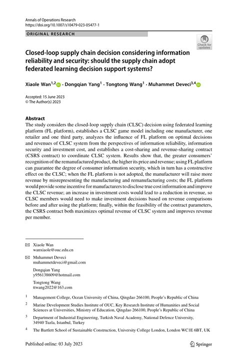 Pdf Closed Loop Supply Chain Decision Considering Information Reliability And Security Should
