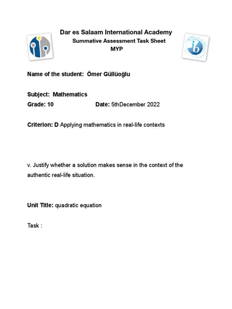 Omer G G10 Summative Assessment Criterion C And D Quadratics Pdf