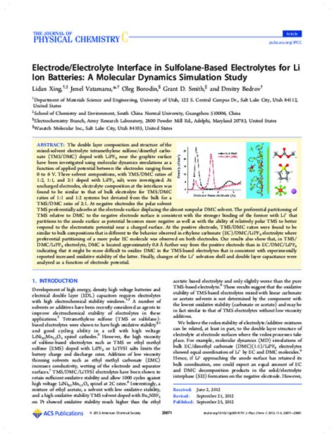 Pdf Electrodeelectrolyte Interface In Sulfolane Based Electrolytes