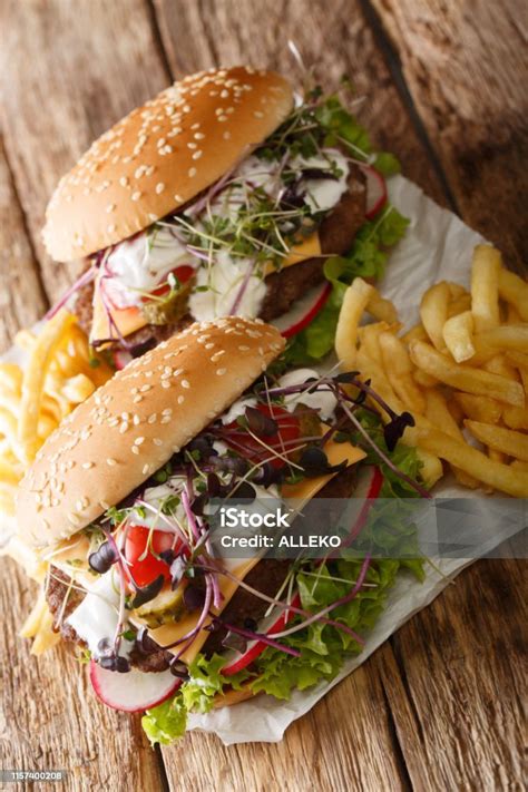 봄 채소 마이크로 그린 요구르트 소스를 곁들인 맛있는 버거와 감자 튀김을 가까이서 드실 수 있습니다 수직 감자 요리에 대한 스톡