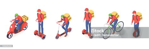 배달 서비스 에코 전송 벡터 택배 맨의 아이콘 에코 차량 자전거 전기 스쿠터 모노 휠 및 오토바이 배달 소포에 배달 서비스 택배 등측투영법에 대한 스톡 벡터 아트 및 기타