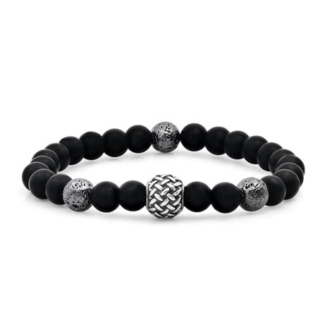Mens Matte Black Bead Bracelet With Textured Stainless Steel Ball