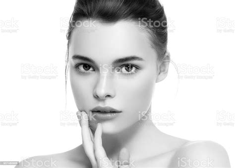 Young Beautiful Woman Face Portrait With Healthy Skin Black And White